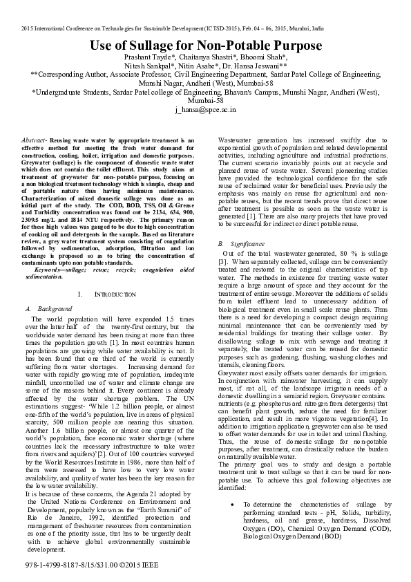 (PDF) Use of Sullage for Non-Potable Purpose
