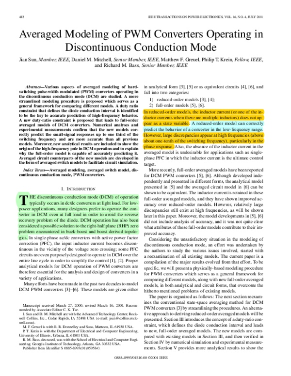 Pdf Averaged Modeling Of Pwm Converters Operating In Discontinuous Conduction Mode