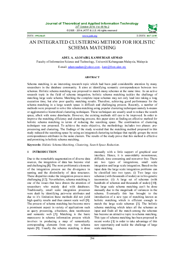Pdf An Integrated Clustering Method For Holistic Schema Matching