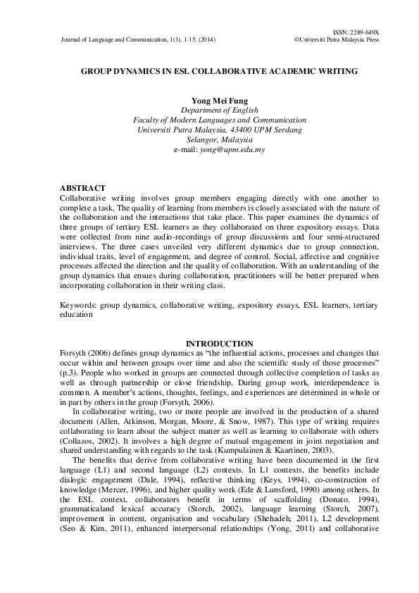 (PDF) GROUP DYNAMICS IN ESL COLLABORATIVE ACADEMIC WRITING