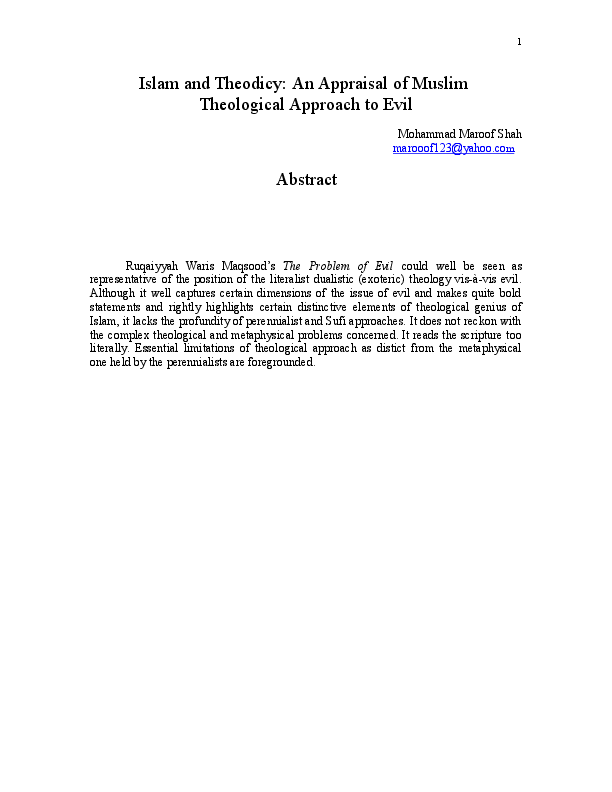 (DOC) Islam and Theodicy: An Appraisal of Muslim Theological Approach ...