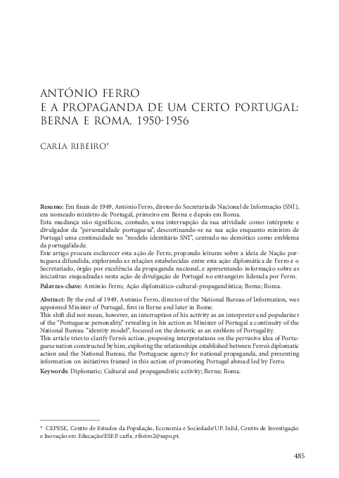 (PDF) ANTÓNIO FERRO E A PROPAGANDA DE UM CERTO PORTUGAL: BERNA E ROMA ...