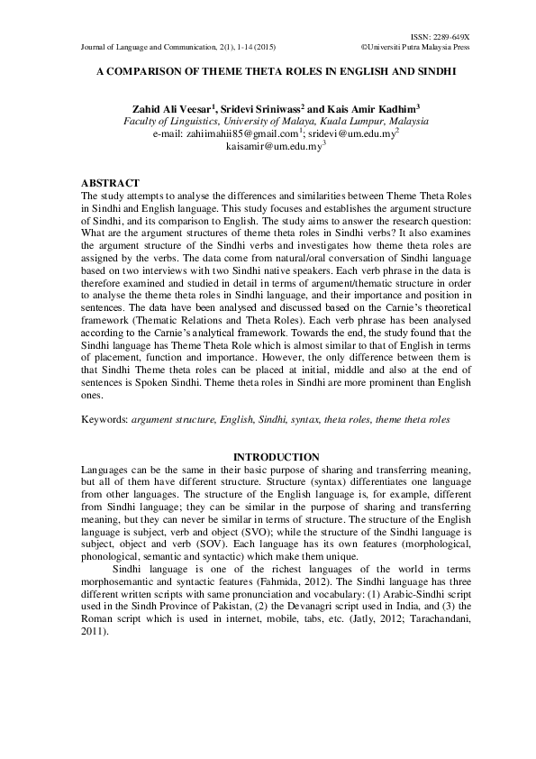 (DOC) A COMPARISON OF THEME THETA ROLES IN ENGLISH AND SINDHI