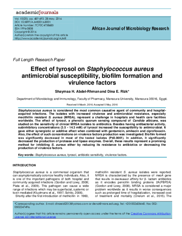 (PDF) African Journal of Microbiology Research Effect of tyrosol on Staphylococcus aureus ...