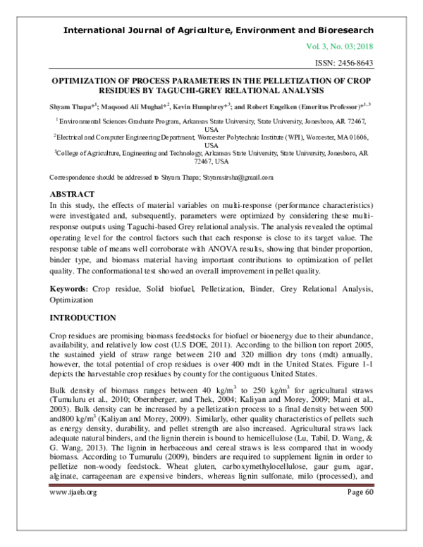 (PDF) OPTIMIZATION OF PROCESS PARAMETERS IN THE PELLETIZATION OF CROP RESIDUES BY TAGUCHI-GREY ...