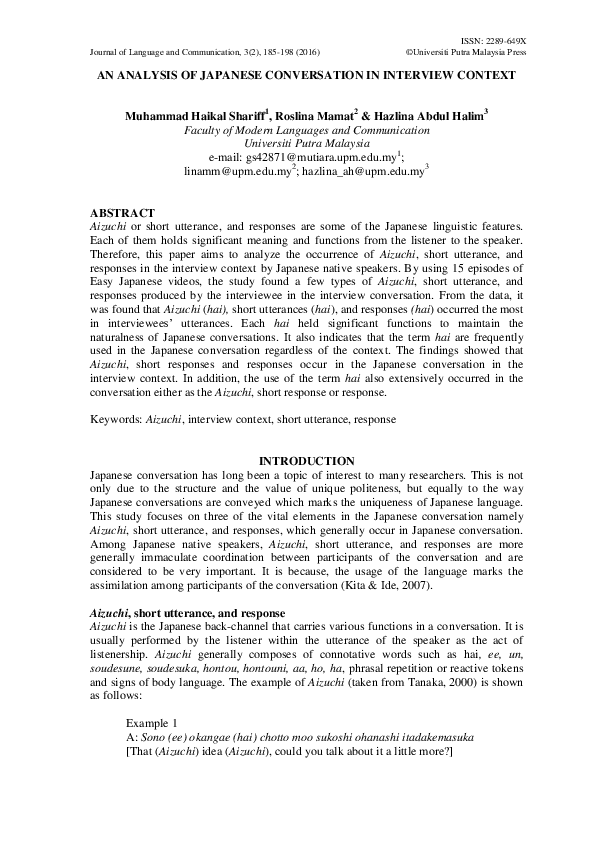 (PDF) AN ANALYSIS OF JAPANESE CONVERSATION IN INTERVIEW CONTEXT