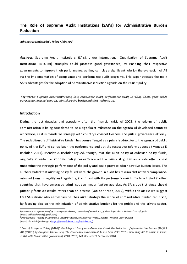 (PDF) The Role of Supreme Audit Institutions (SAI’s) for Administrative ...