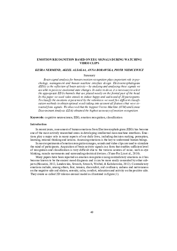 (PDF) Emotion recognition based on EEG signals during watching video clips