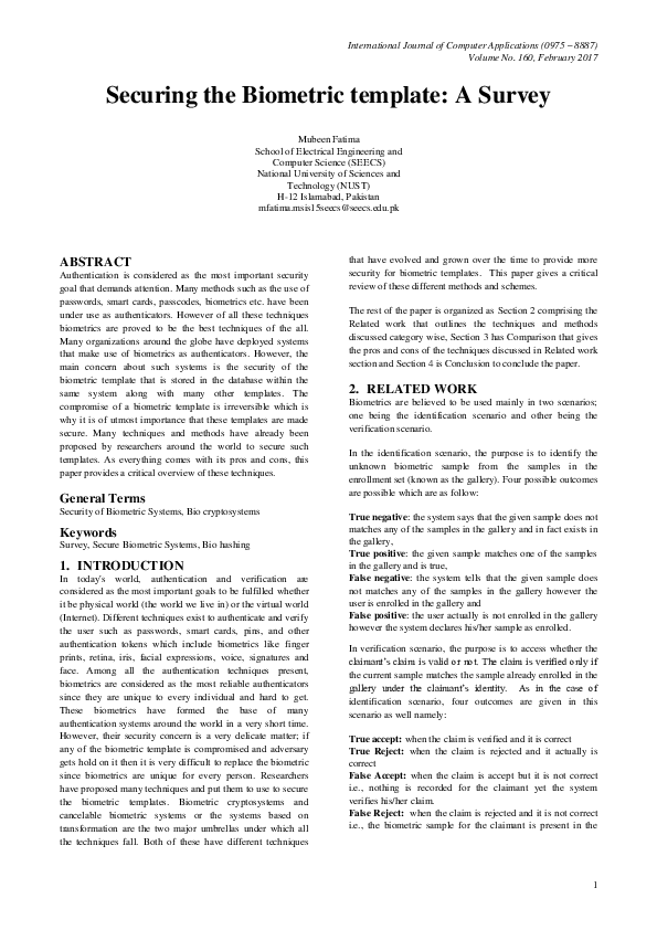 (PDF) Securing the Biometric template: A Survey