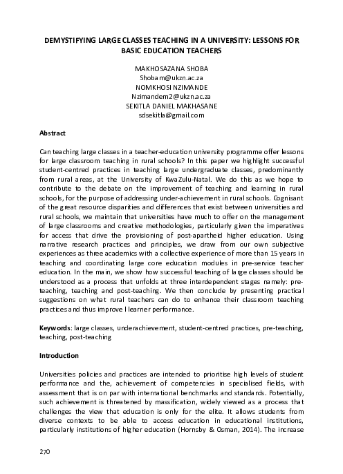 (PDF) DEMYSTIFYING LARGE CLASSES TEACHING IN A UNIVERSITY: LESSONS FOR ...
