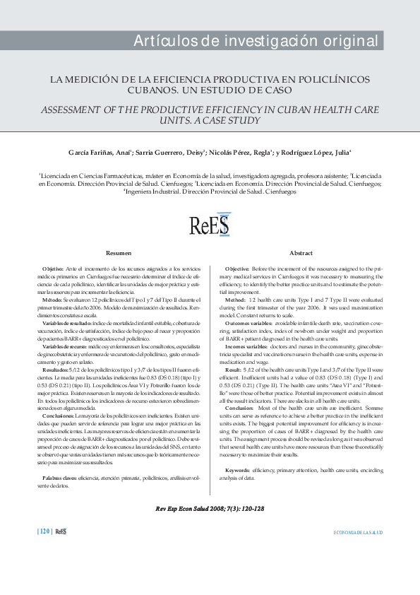 (PDF) ASSESSMENT OF THE PRODUCTIVE EFFICIENCY IN CUBAN HEALTH CARE ...