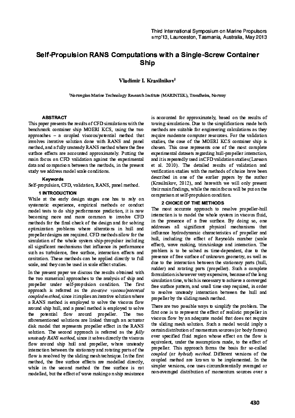 (PDF) Self-Propulsion RANS Computations with a Single-Screw Container Ship