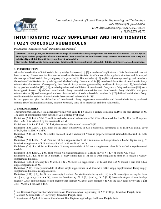 Pdf Intuitionistic Fuzzy Supplement And Intuitionistic Fuzzy Coclosed