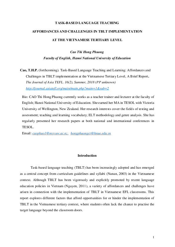 (PDF) TASK-BASED LANGUAGE TEACHING AFFORDANCES AND CHALLENGES IN TBLT IMPLEMENTATION AT THE ...