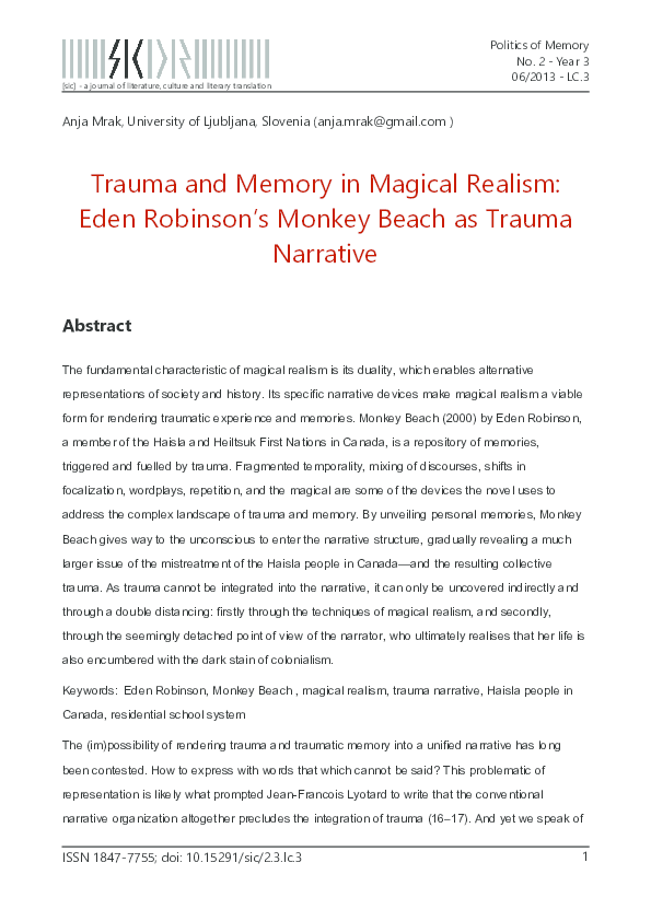 (PDF) "Trauma and Memory in Magical Realism: Eden Robinson’s Monkey Beach as Trauma Narrative ...
