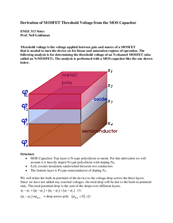 (PDF) Derivation of MOSFET Threshold Voltage from the MOS Capacitor