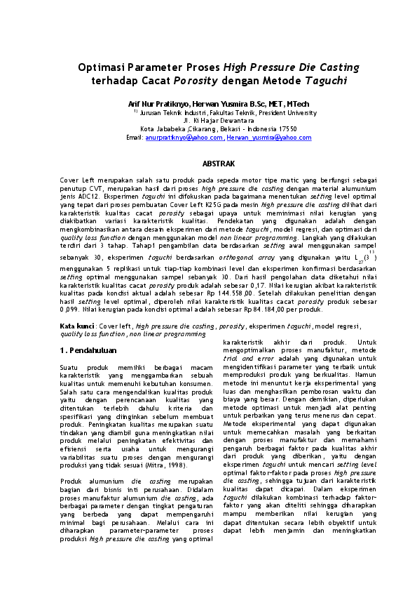 (PDF) Optimasi Parameter Proses High Pressure Die Casting terhadap Cacat Porosity dengan Metode ...