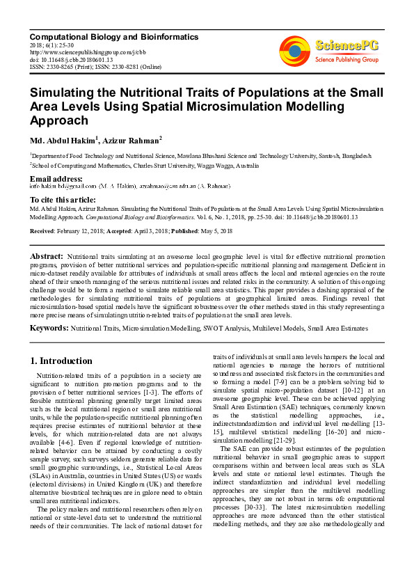 (PDF) Simulating the Nutritional Traits of Populations at the Small Area Levels Using Spatial ...