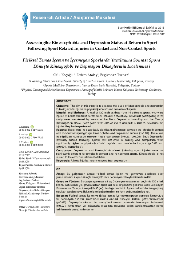 (PDF) Assessing the Kinesiophobia and Depression Status at Return to ...