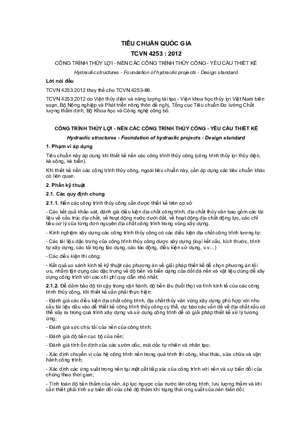 (DOC) TIÊU CHU N QU C GIA TCVN 4253 : 2012 CÔNG TRÌNH THỦY LỢI -NỀN CÁC CÔNG TRÌNH THỦY CÔNG ...