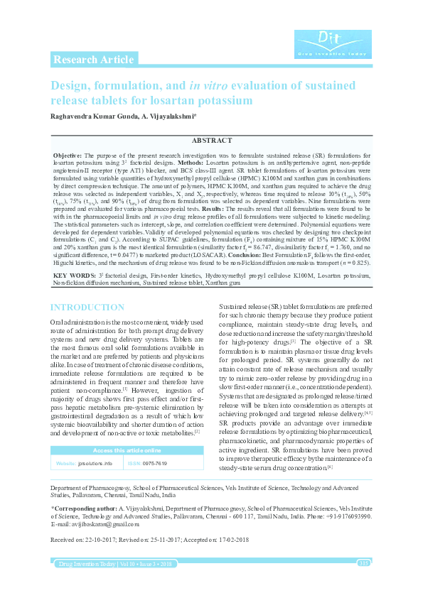 Pdf Design Formulation And In Vitro Evaluation Of Sustained Release Tablets For Losartan
