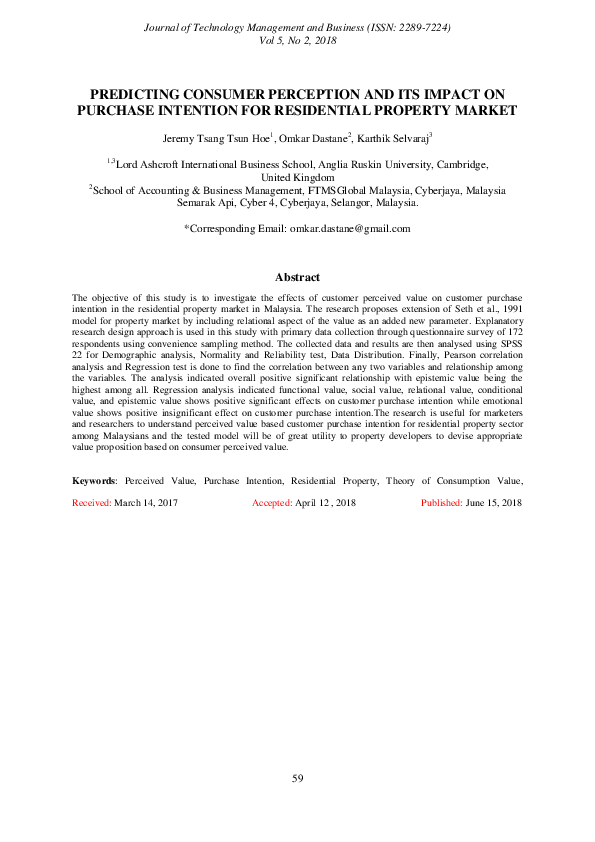 (PDF) PREDICTING CONSUMER PERCEPTION AND ITS IMPACT ON PURCHASE INTENTION FOR RESIDENTIAL ...