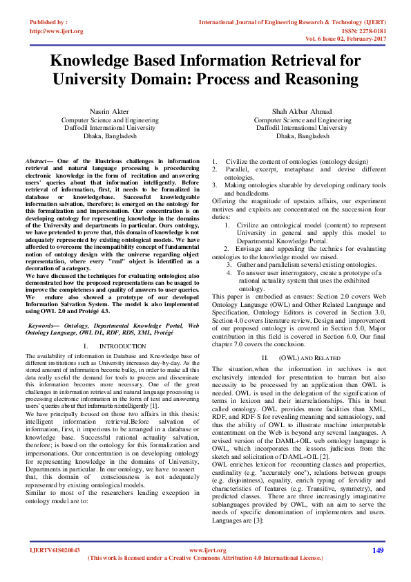 (PDF) Knowledge Based Information Retrieval for University Domain: Process and Reasoning