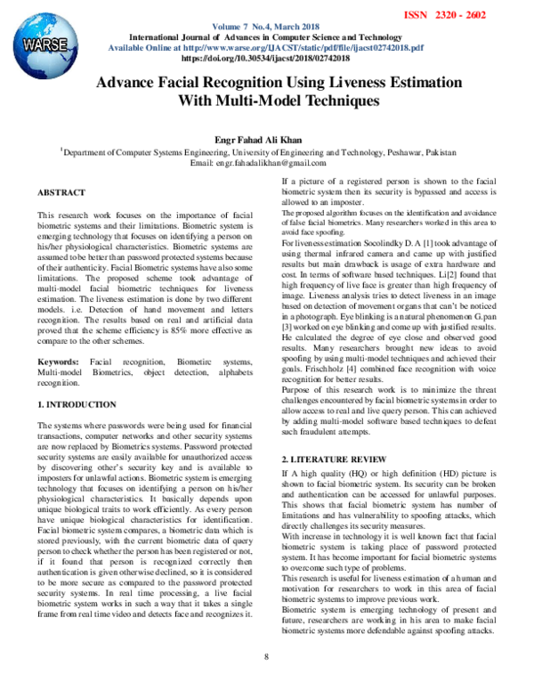 (PDF) Advance Facial Recognition Using Liveness Estimation with Multi-Model Techniques