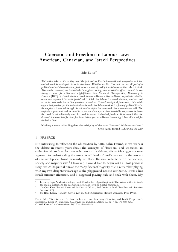 (PDF) Coercion and Freedom in Labour Law: American, Canadian, and ...