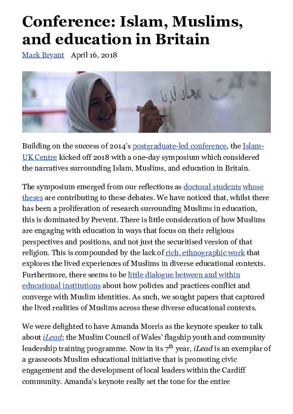 (PDF) Conference: Islam, Muslims, and education in Britain