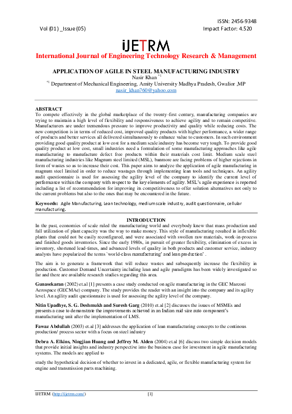 (PDF) APPLICATION OF AGILE IN STEEL MANUFACTURING INDUSTRY