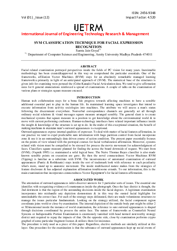 (PDF) SVM CLASSIFICATION TECHNIQUE FOR FACIAL EXPRESSION RECOGNITION