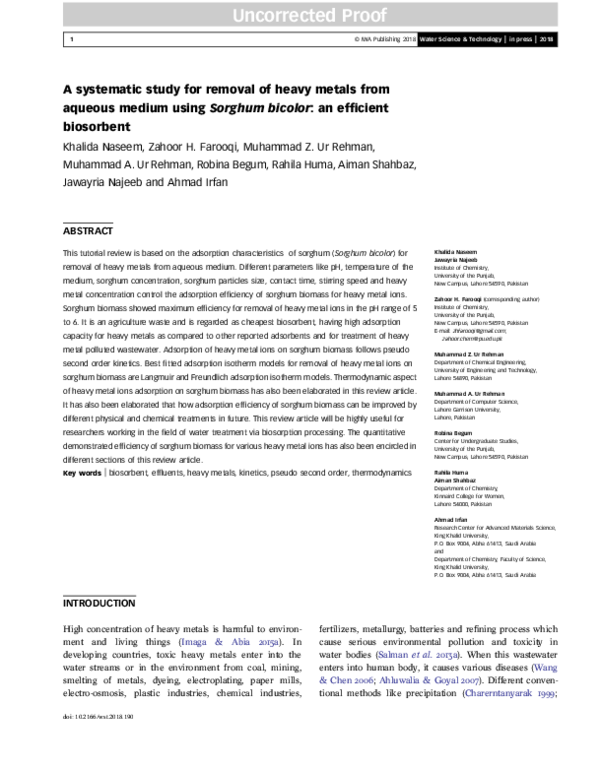 (PDF) A systematic study for removal of heavy metals from aqueous medium using Sorghum bicolor ...