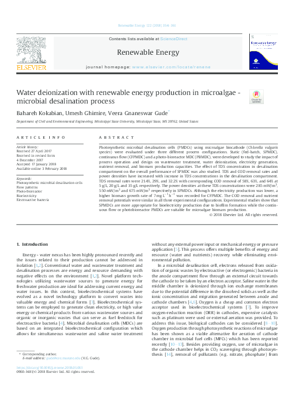 (PDF) Water deionization with renewable energy production in microalgae ...
