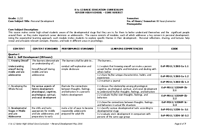 (PDF) K to 12 BASIC EDUCATION CURRICULUM SENIOR HIGH SCHOOL – CORE SUBJECT
