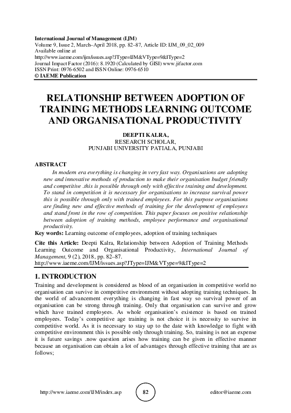 (PDF) RELATIONSHIP BETWEEN ADOPTION OF TRAINING METHODS LEARNING ...