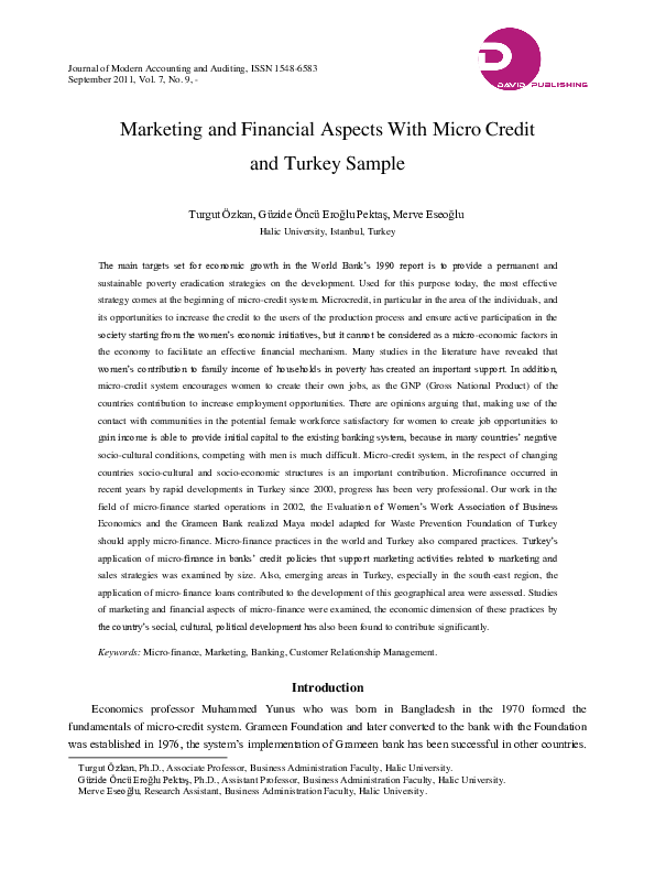 (PDF) Marketing and Financial Aspects With Micro Credit and Turkey Sample