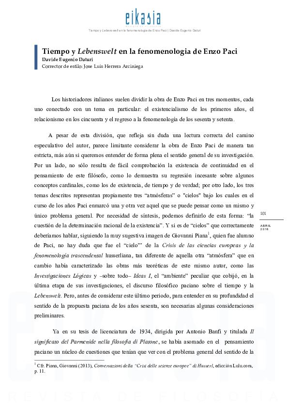 (PDF) Tiempo y Lebenswelt en la fenomenologia de Enzo Paci