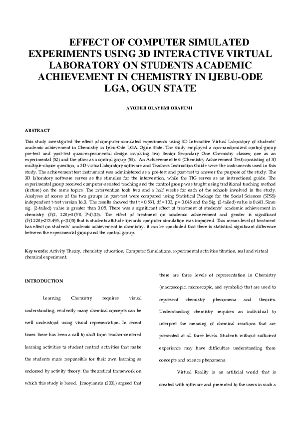 (DOC) EFFECT OF COMPUTER SIMULATED EXPERIMENTS USING 3D INTERACTIVE ...