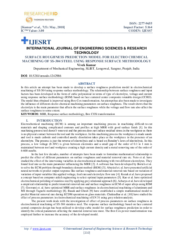 Pdf Surface Roughness Prediction Model For Electro Chemical Machining