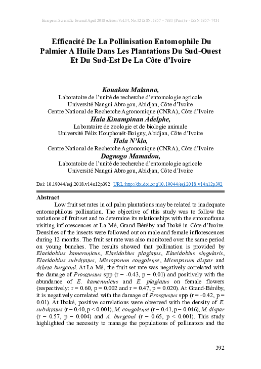 (PDF) Efficacité De La Pollinisation Entomophile Du Palmier A Huile ...
