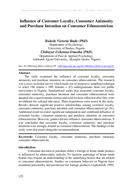 (PDF) Influence of Customer Loyalty, Consumer Animosity and Purchase ...
