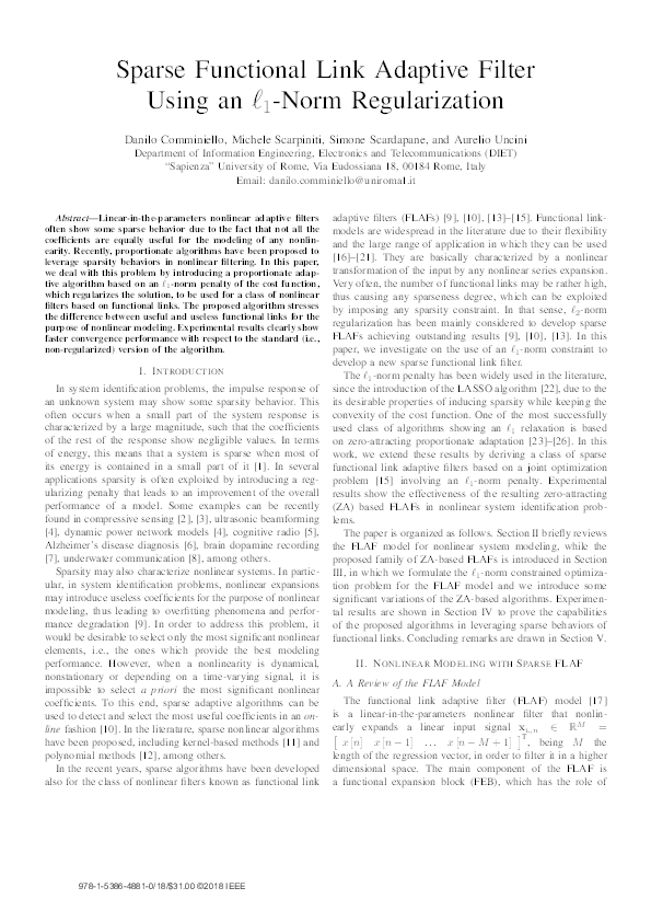 Pdf Sparse Functional Link Adaptive Filter Using An ℓ 1 Norm Regularization