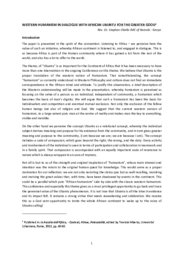 (PDF) WESTERN HUMANISM IN DIALOGUE WITH AFRICAN UBUNTU FOR THE GREATER ...