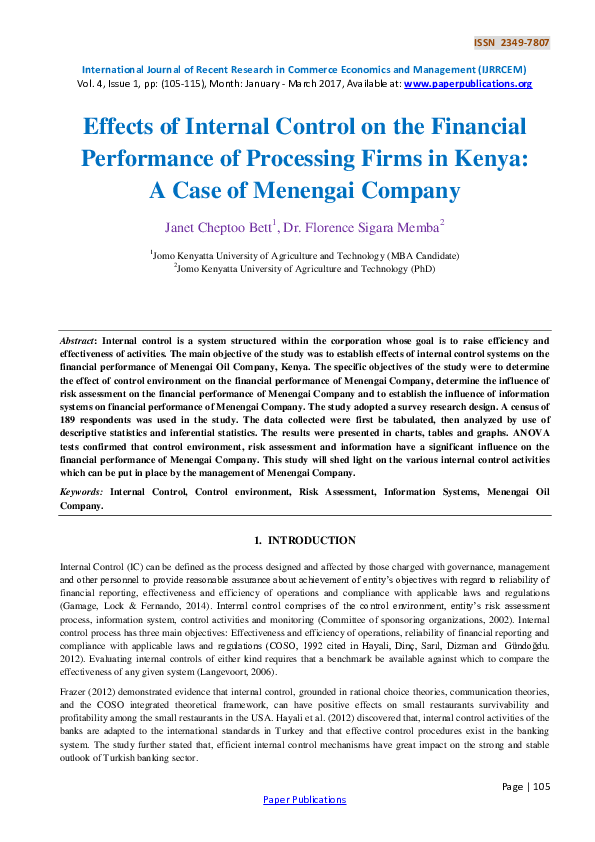 (PDF) Effects of Internal Control on the Financial Performance of ...
