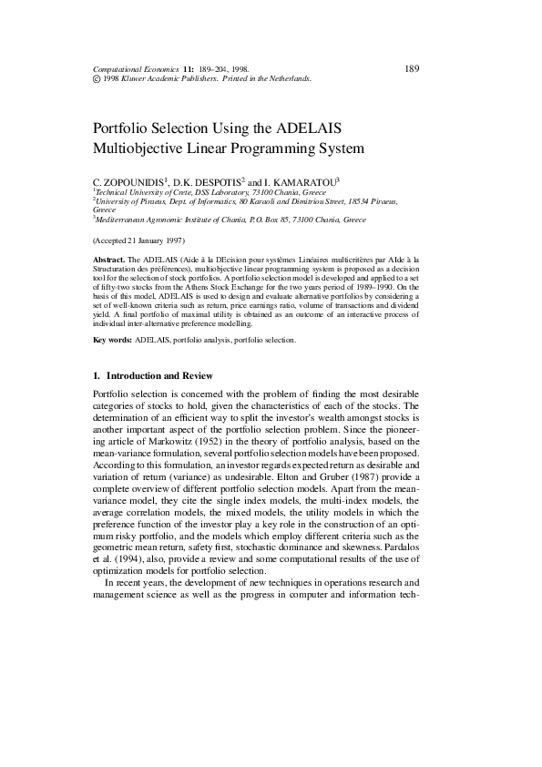 (PDF) Profilio Selection Using the Adelais Multiobjective Linear Programming System