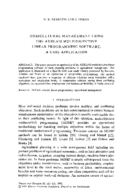Pdf Agricultural Management Using The Adelais Multiobjective Linear Programming Software A