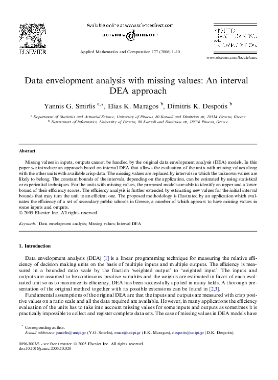 Pdf Data Envelopment Analysis With Missing Values An Interval Dea Approach