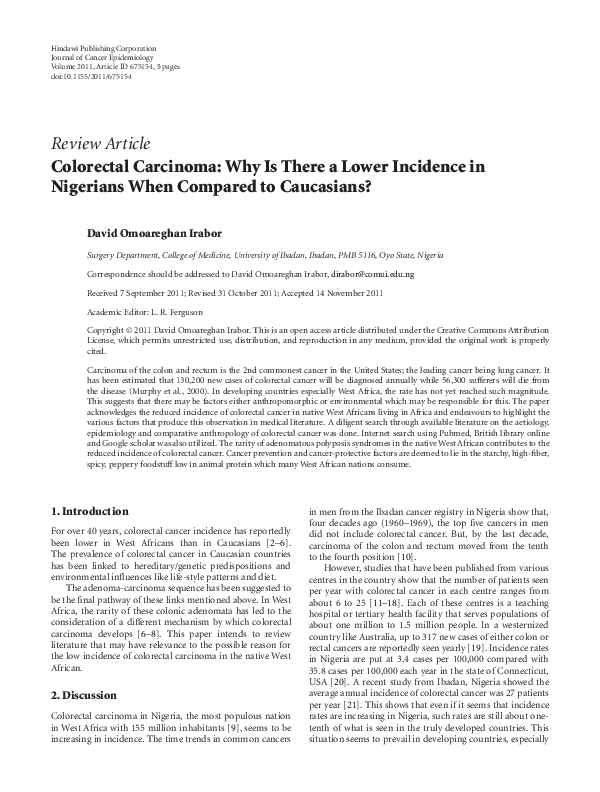 (PDF) Colorectal Carcinoma: Why Is There a Lower Incidence in Nigerians ...