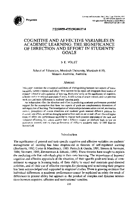 (PDF) Cognitive and affective variables in academic learning: The ...